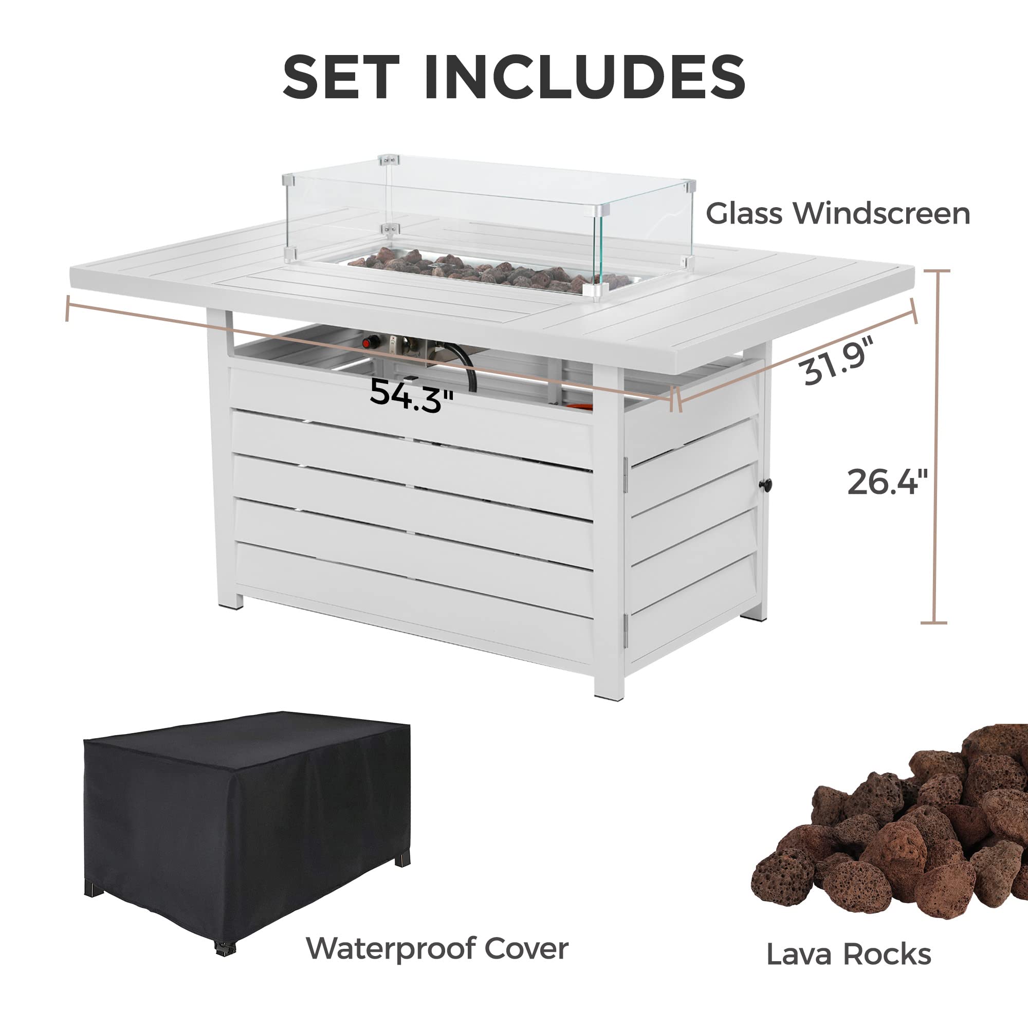 Wisteria Lane 54.3” Outdoor Patio Aluminum Fire Pit Table, 50000 BTU CSA Certified Propane Gas Fire Pit, Rectangular Fire Table w/Stainless Burner, Lava Rock, Waterproof Cover