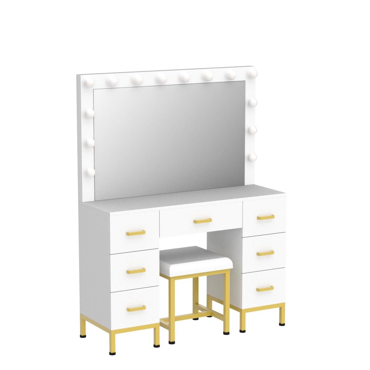PAKASEPT Modern Makeup Vanity with Lighted Bulbs, 44'' Vanity Desk with Mirror and Lights, 7 Drawers, 14PCS LED Bulbs, Cushioned Stool, Black Vanity for Bedroom