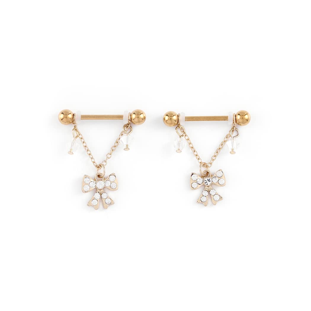 Wriidy Nipple Rings Nipple Piercing 316L Surgical Steel Straight Barbell with Dangly Rhinestone Bowknot 14G Body Piercing Accessory for Women and Girls (2 Pcs)