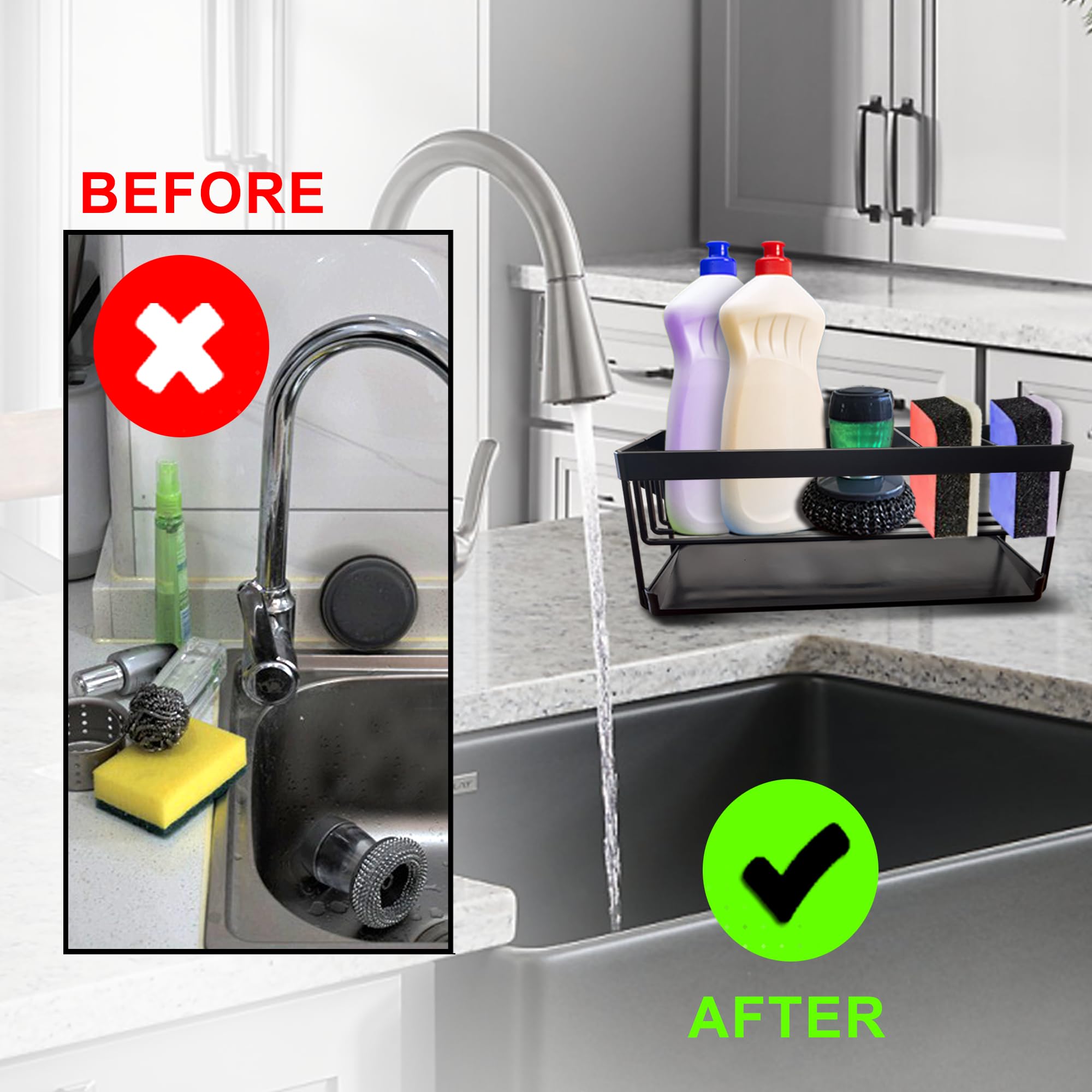 Sink Caddy Organizer with Steel Wool Brush Included, Sponge Organizer for Kitchen Sink, Dish Soap and Sponge Holder for Kitchen Sink, Kitchen Sponge Organizer with Auto Drain Train