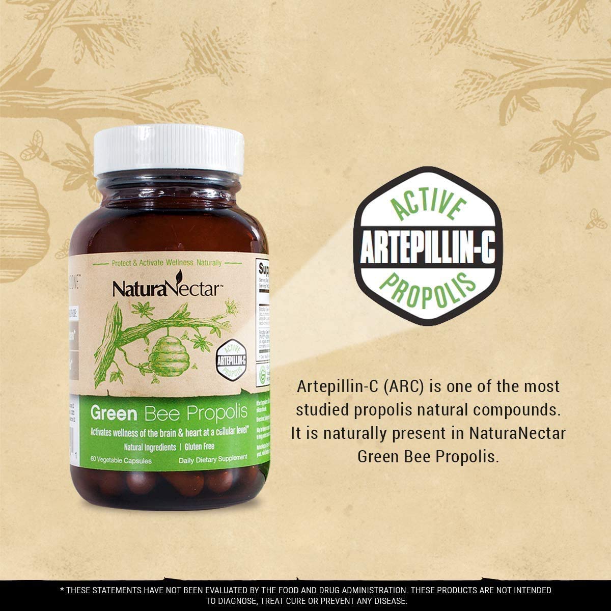 NaturaNectar Green Bee Propolis | NSF Contents Certified | Premium Brazilian Propolis | Care Relief | Ethical Beekeeping & Naturally Sourced | 60 capsules