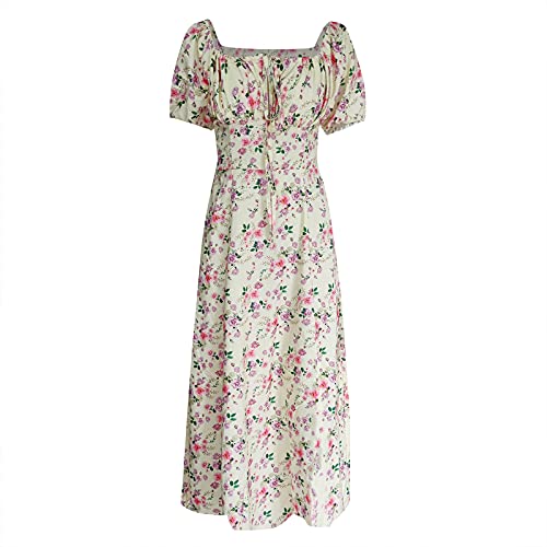 Women's Square Collar Dress Floral Printed High Split Maxi Dress Puff Short Sleeve Long Dress for Summer Beige