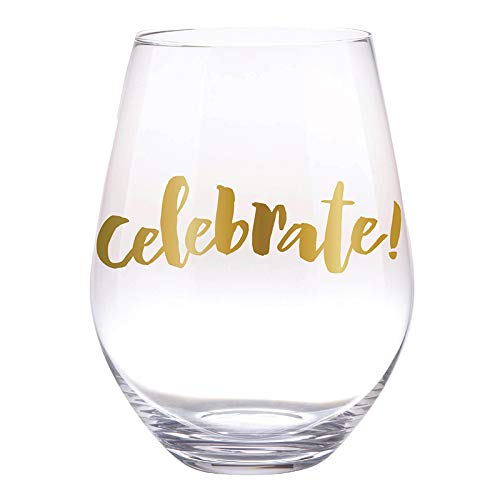 Slant Collections Clear with Gold Writing Birthday Gift Jumbo Stemless Wine Glass Holds a Whole Wine Bottle, 30-Ounces, Celebrate!