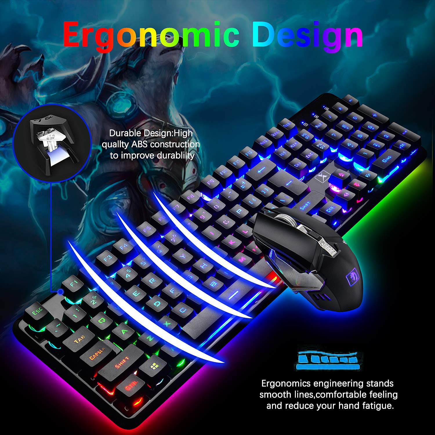 Rechargeable Keyboard and Mouse,Suspended Keycap Mechanical Feel Backlit Gaming Keyboard Mice Combo,Wireless 2.4G Drive Free,Adjustable Breathing Lamp,Anti-ghosting,4800 mAh Battery for Laptop Pc Mac