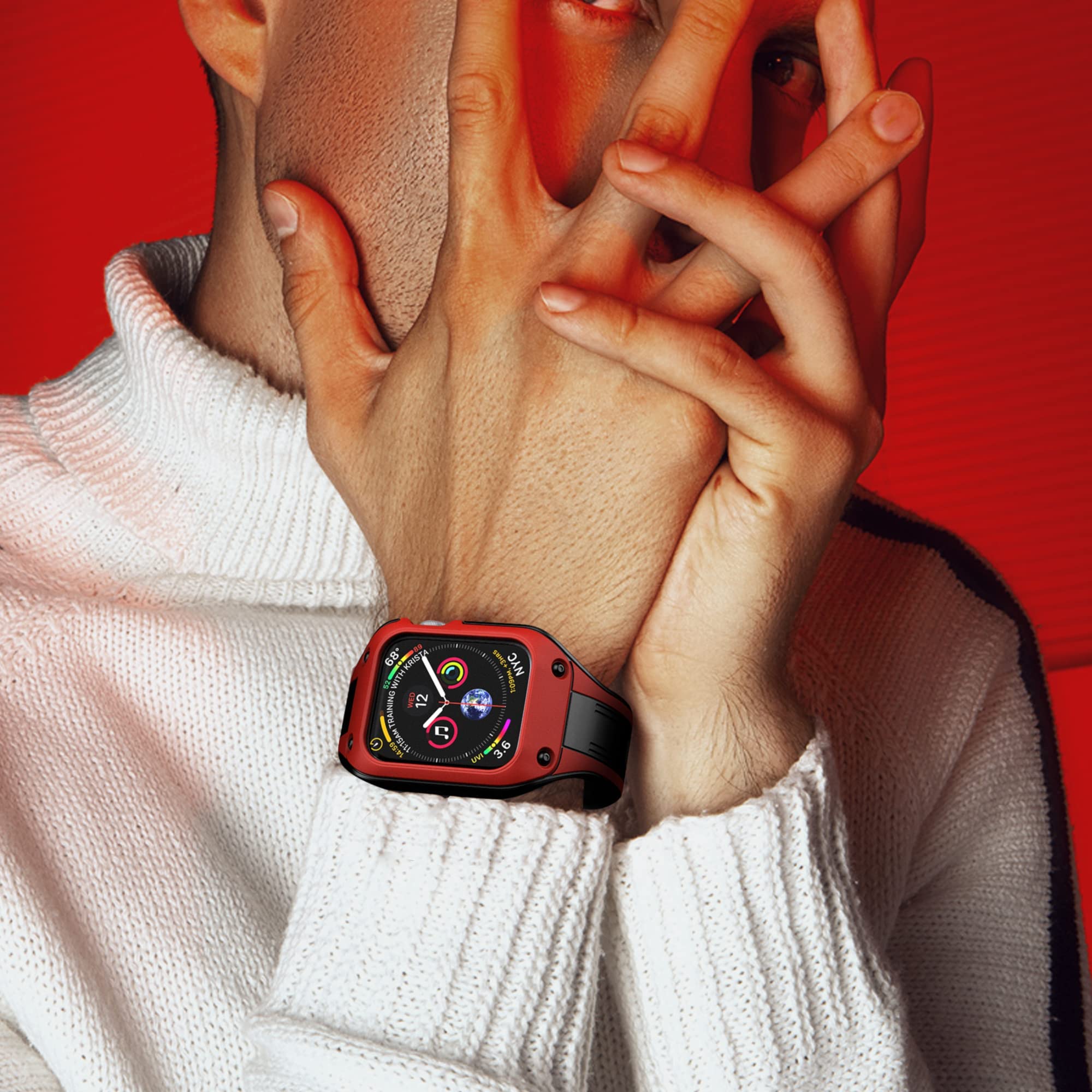 Uni-body Cases with Bands for Apple Watch 42mm 44mm,Protective Strap Compatible with iwatch Series SE 6 5 4 3 2 1,Black Red