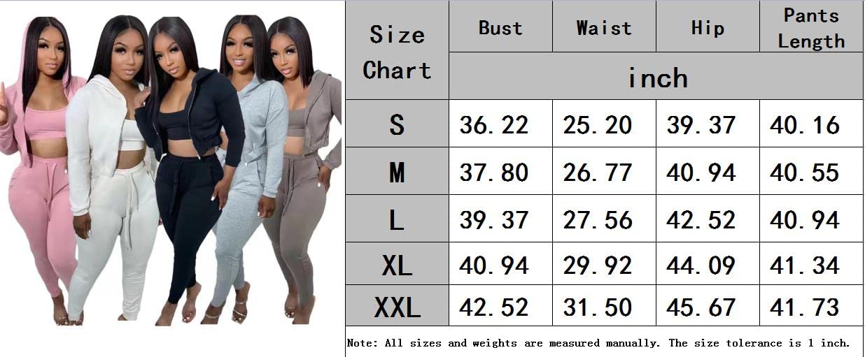 Womens Long Sleeves 3 piece Outfits Zip Up Jacket Crop Top + Tanks + Long Pants Sweatsuits Tracksuit Workout 2 Piece Set