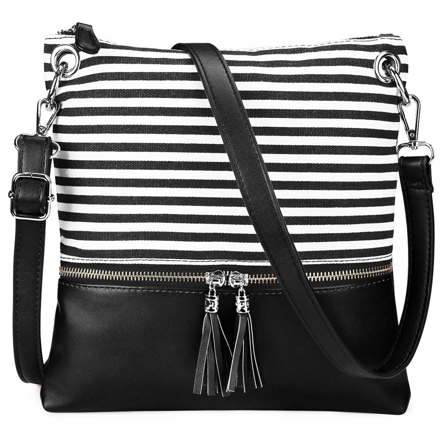 Newshows Women Lightweight Crossbody Bag Purse with Tassel Medium Canvas PU Leather, Zipper