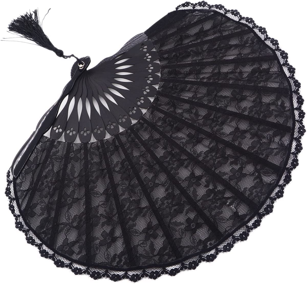 Womens Multi Color Handmade Cotton Lace Folding Hand Fan (Black-A) (Black-a)
