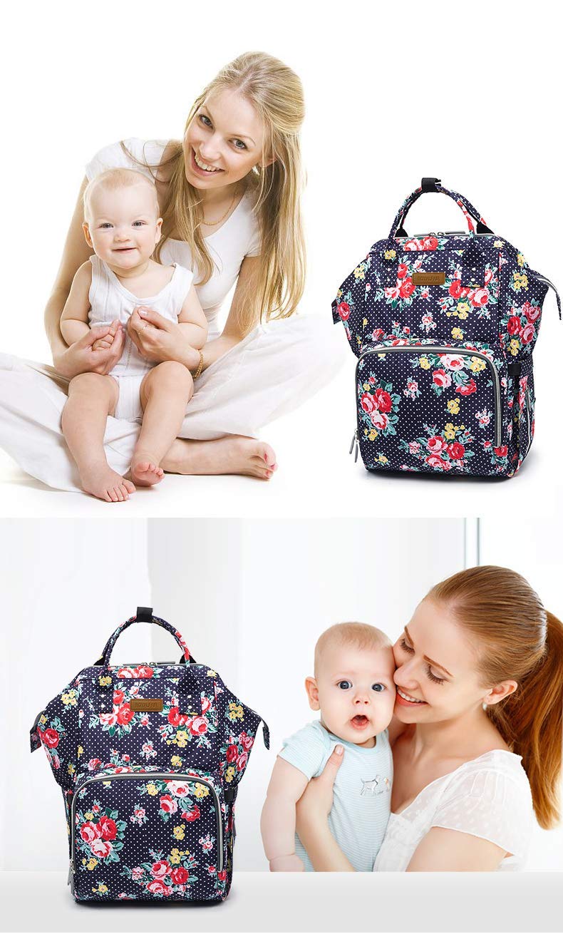 ROYALFAIR Diaper Bag Backpack Large Capacity Mummy Bag For Baby Care With Stroller Straps in Flower Pattern