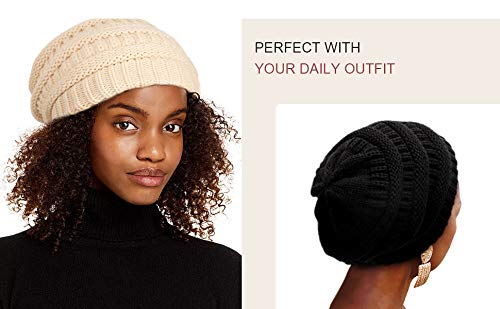 Roniky Winter Knit Beanie Hats for Women, Silk Satin Lined Chunky Cap Soft Stretch Cable Knit Warm Slouchy Beanie Hat Black