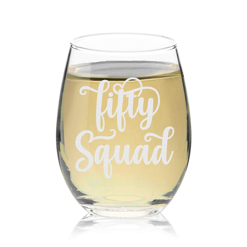 Veracco Fifty Squad Stemless Wine Glass 50th Birthday Gift For Him Her Fifty and Fabulous (Clear, Glass)