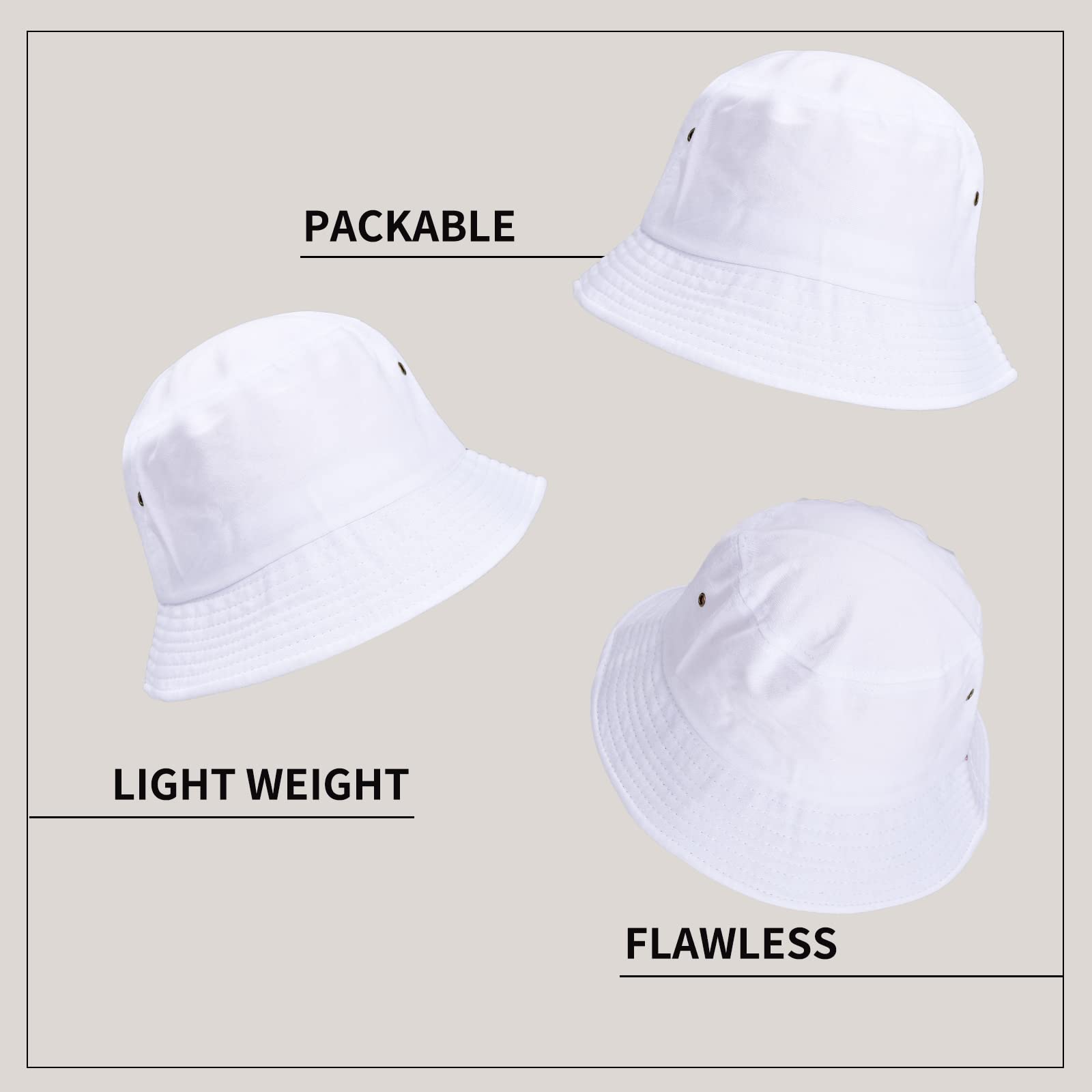 ZOORON 2 Pack 100% Cotton Bucket Hat Unisex Packable Summer Travel Beach Sun Hat Outdoor Cap (Black+White)
