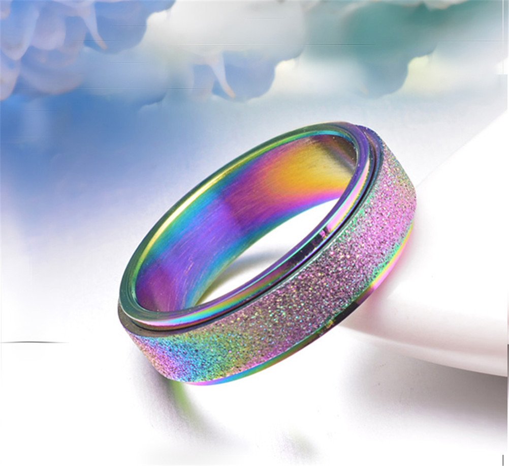 PAURO Women's Stainless Steel 6MM Rainbow Flag Lucky Spinner Worry Ring Band Size 4