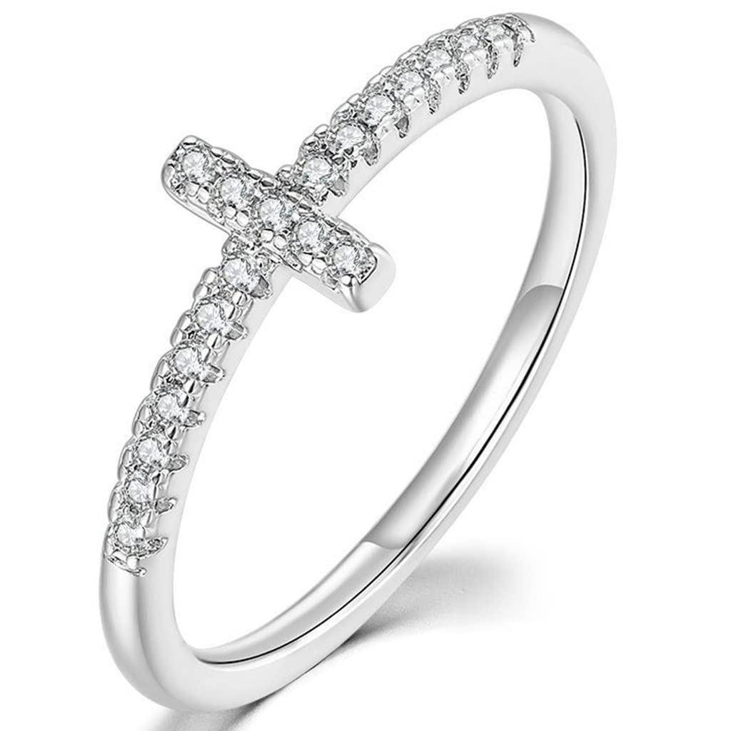 White Gold Platinum Plated Christian Sideways Cross Religious Wedding Engagement Promise Anniversary Ring (Silver, 7)