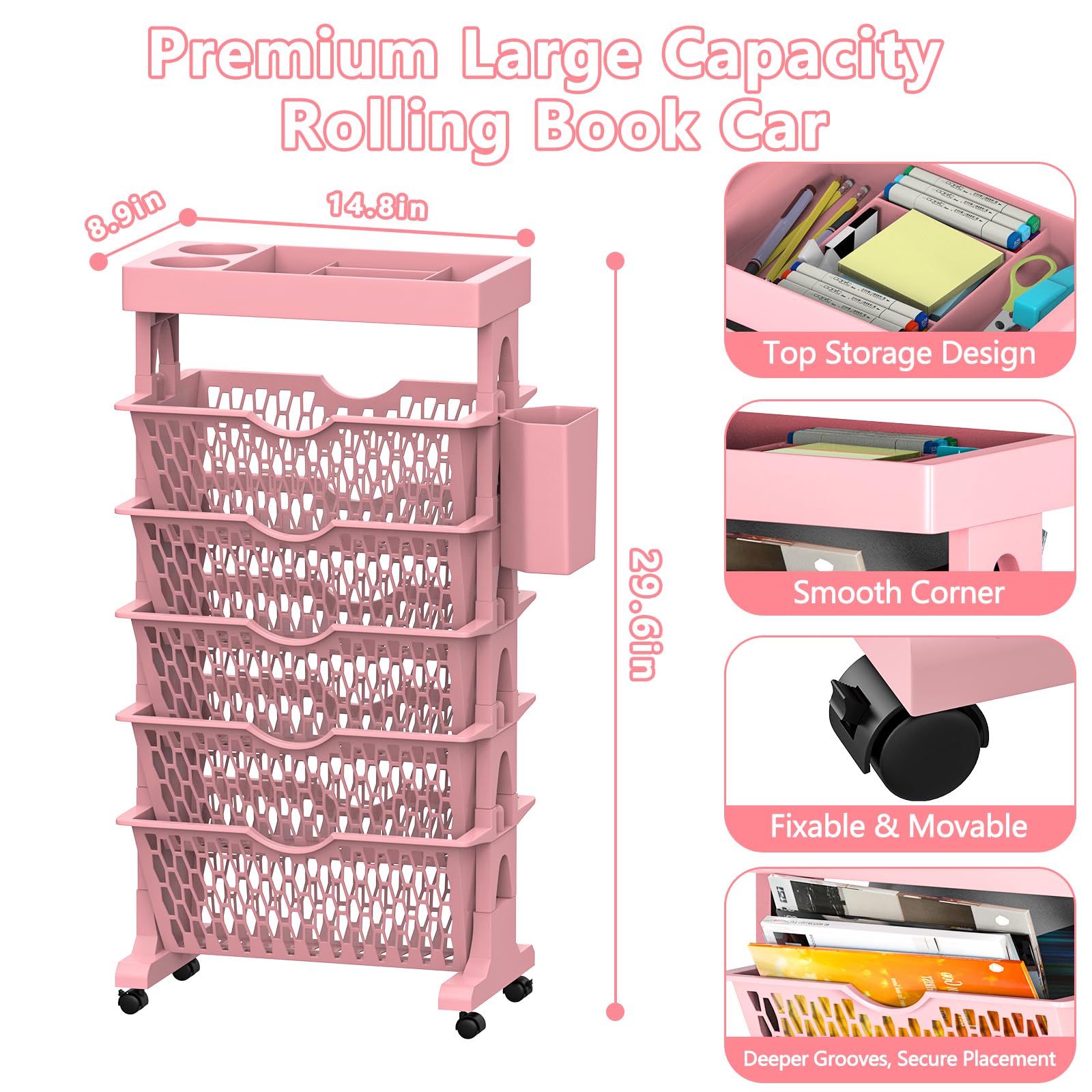 NIRIAHO 6 Tier Mobile Bookshelf, Rolling Cart Multi-Functional Movable Storage Book Shelves, Utility Cart Office Organizer Pink Bookshelves with Lockable Casters for Office, Dorm, Classroom