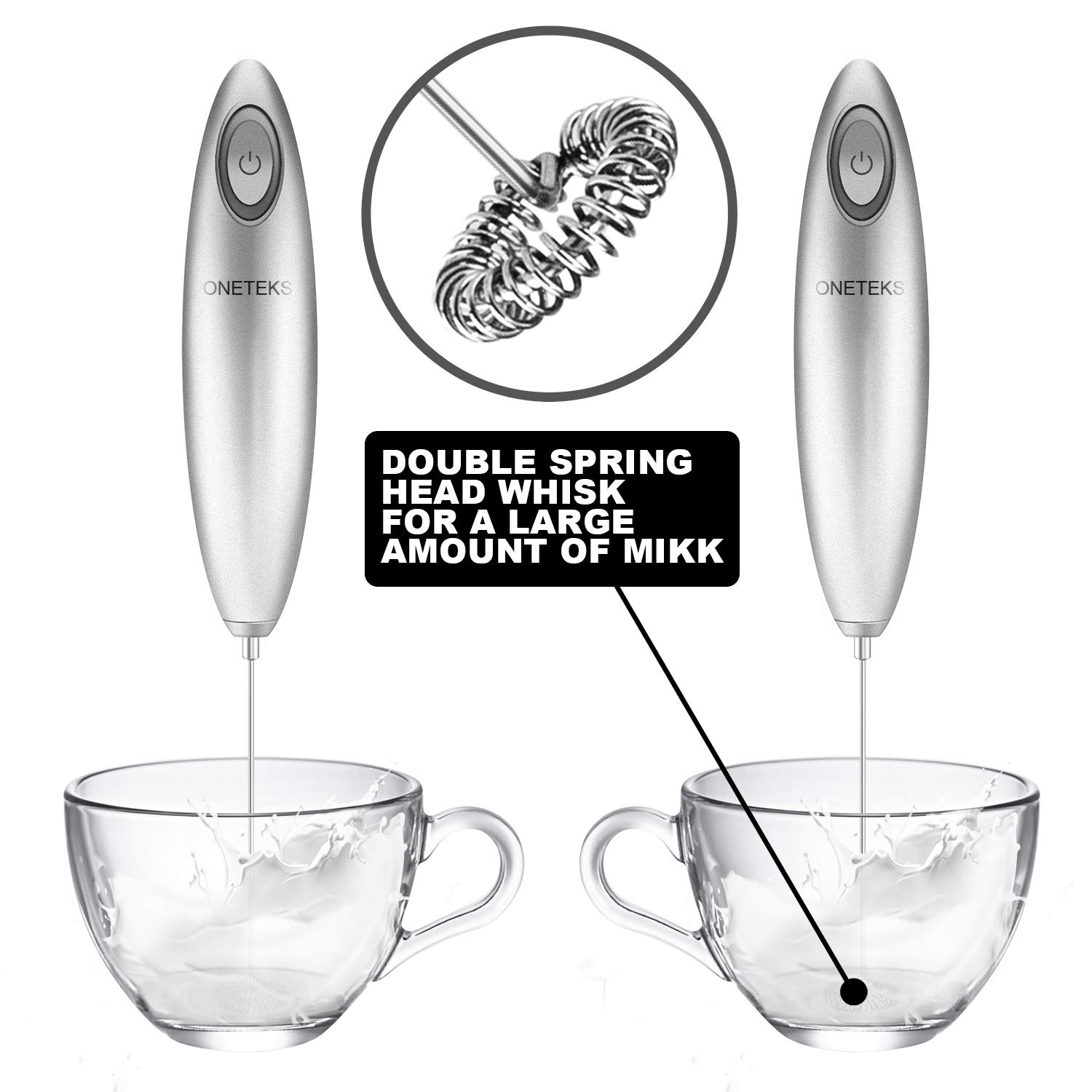 ONETEKS Milk Frother Handheld Battery, Electric Hand Foamer Blender Durable Drink Mixer including Stand, Maker For Coffee, Latte, Cappuccino, Hot Chocolate(Silver)