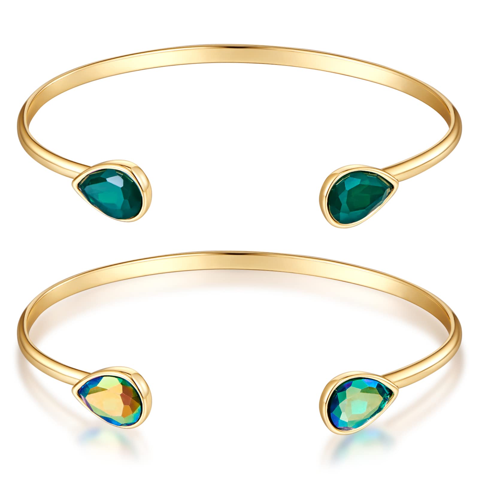 WOWORAMA 2 Pcs Gold Thin Cuff Bracelets for Women Heart Crystal Teardrop Open Cuff Bangle Bracelet Adjustable Dainty Love Bangle Bracelet Minimalist Open Cuffs Birthday Gifts