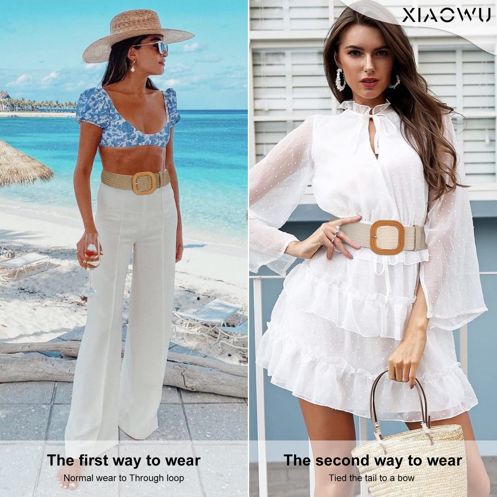 XIAOWU 2 Pack Elastic Woven Waist Belts for Women Dress, Stretchy Boho Braided Straw Band Belt Wide 1.77 Inches