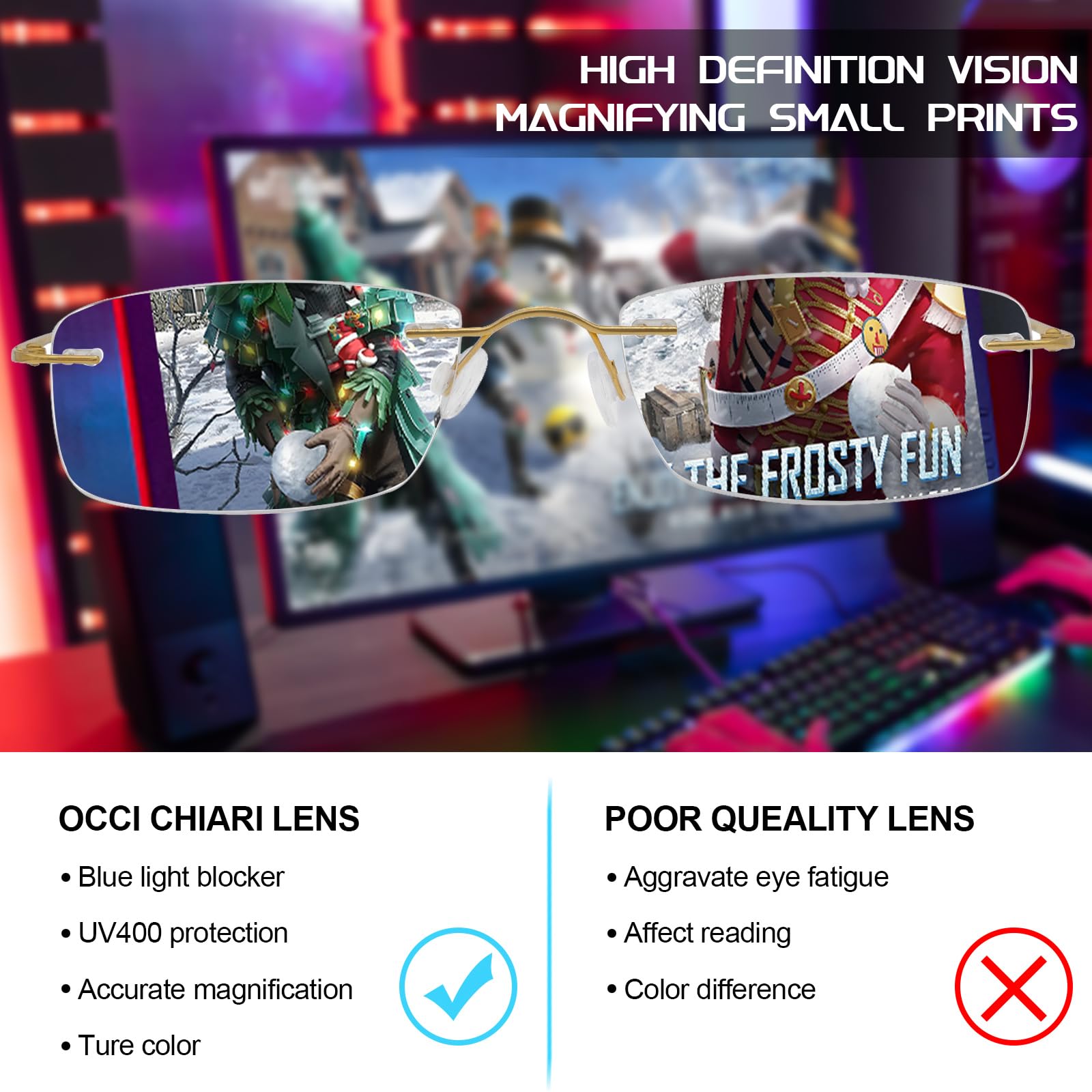 OCCI CHIARI Gold Blue Light Reading Glasses for Men Titanium Frameless Readers 2.0X Lightweight(1.0 1.25 1.5 1.75 2.0 2.25 2.5 2.75 3.0 3.5 4.0 5.0 6.0)