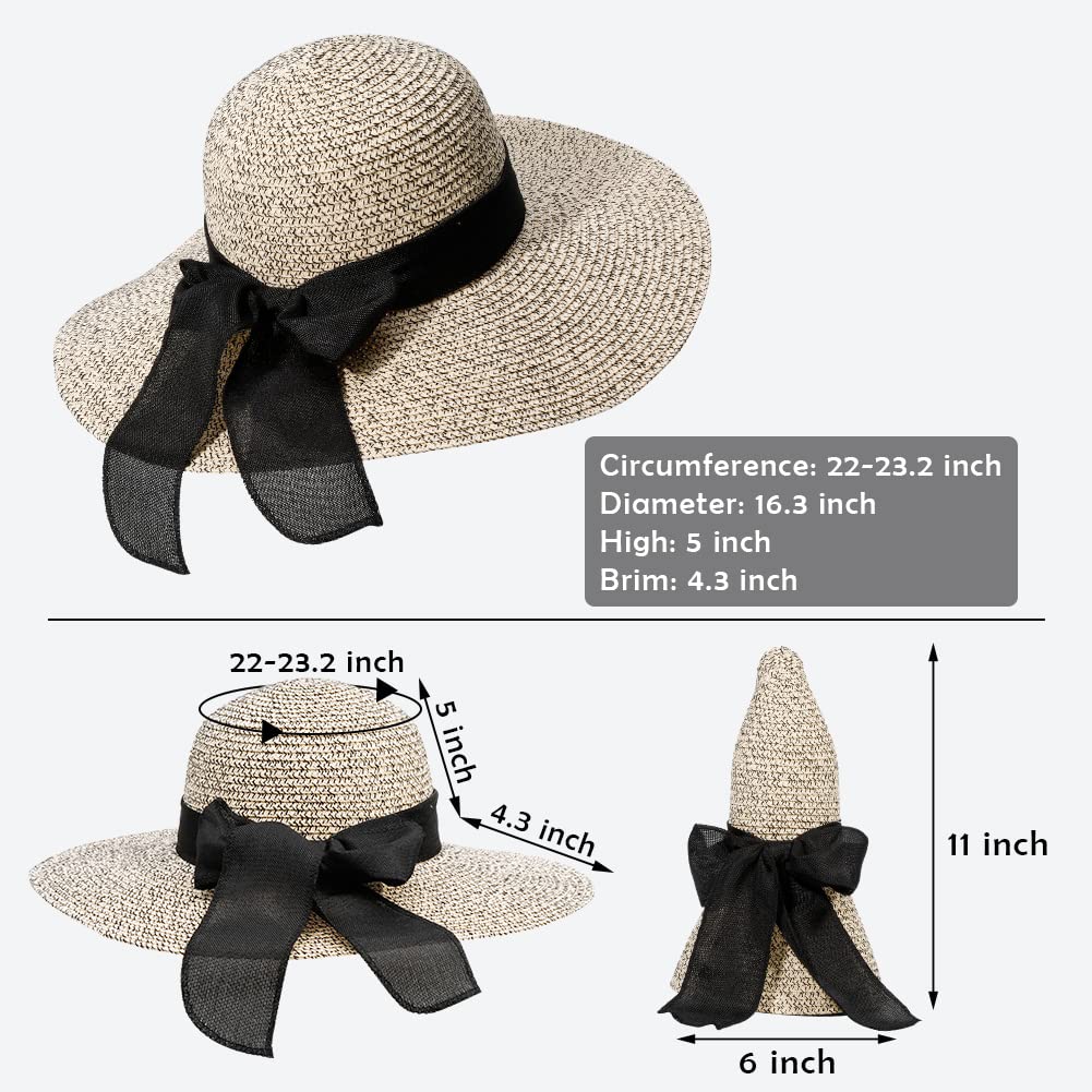 Womens Beach Straw Sun Hat: Large Ladies Foldable & Packable Floppy Hats with Wide Brim-UPF 50 UV Protection Summer Sunhat (Mixed Black)