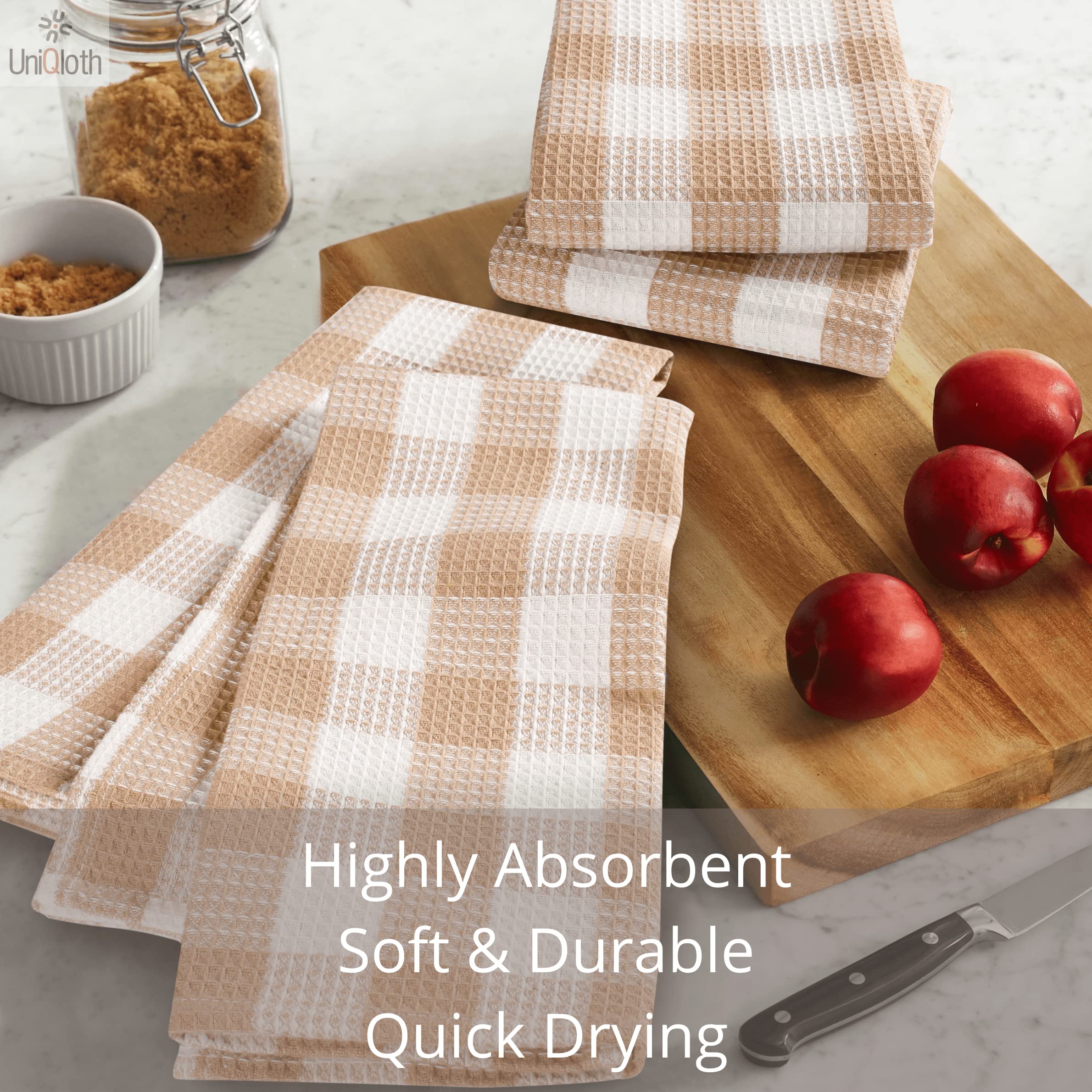 UniQloth 8 Pack Buffalo Plaid Waffle Kitchen Dish Towels 100% Cotton - Farmhouse Kitchen Towels Hanging - Soft Absorbent Quick Drying Durable Reusable Hand Towels for Kitchen 16x26 Grey