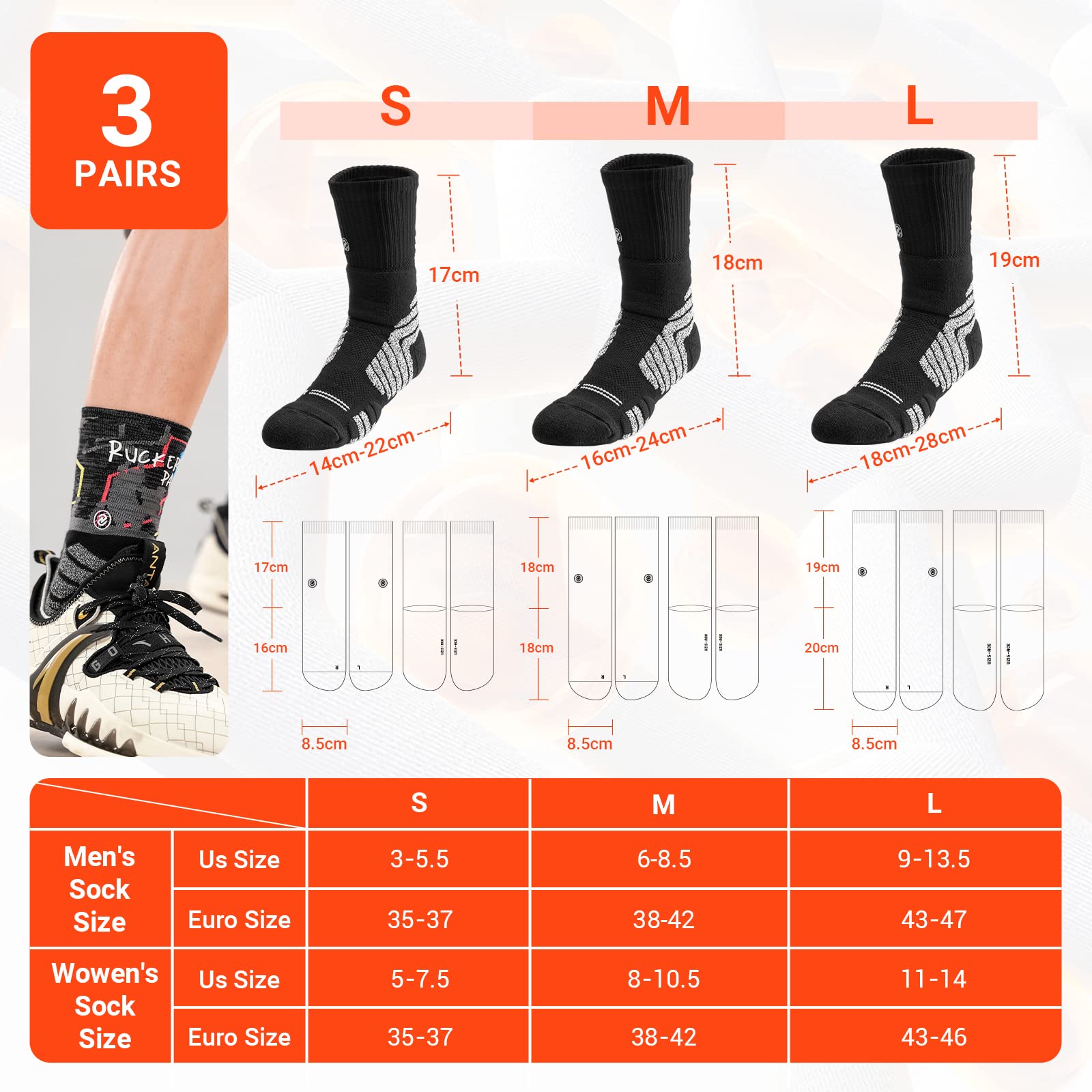 UZIS PRO Coolmax Elite Basketball Cushioned Socks, Crew Sports Running Socks, Compression Performance Sock 1 Pair