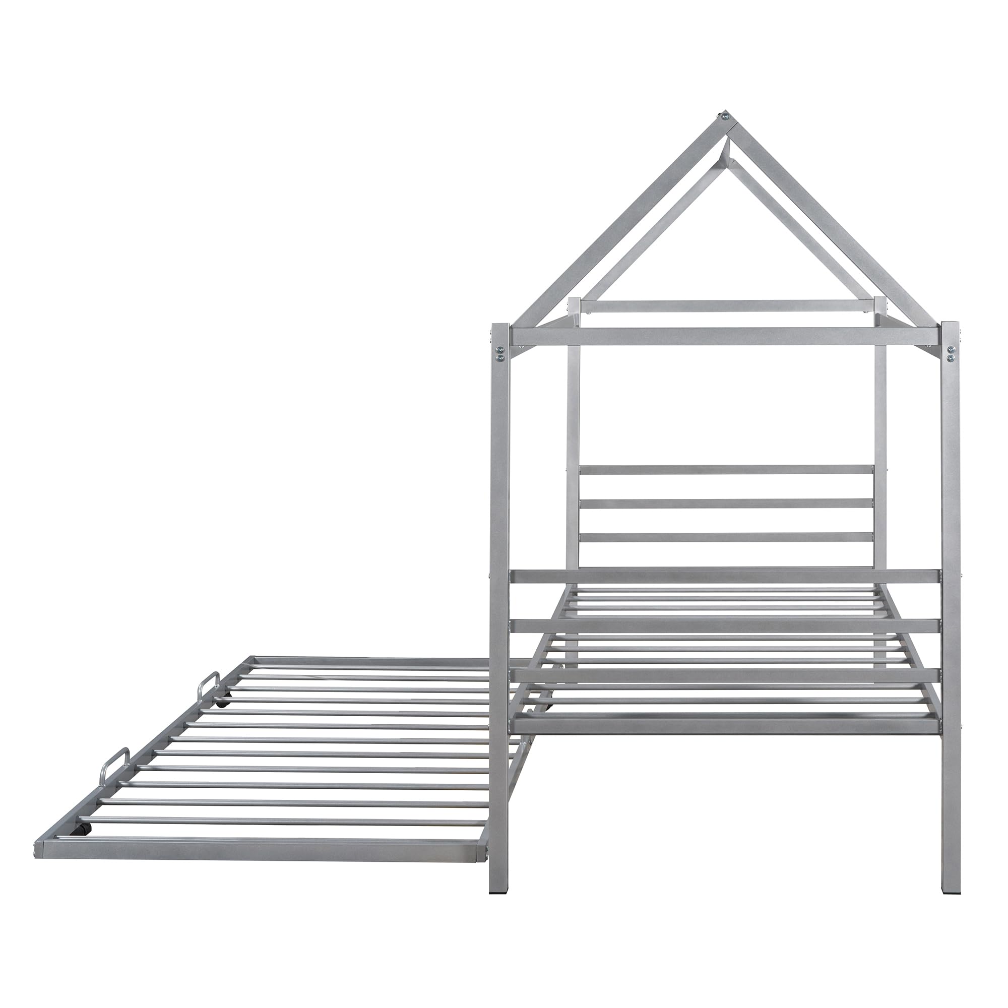 POCIYIHOME Twin Size Metal House Shape Platform Bed with Trundle, Modern Sturdy Metal Bed Frame with Solid Metal Slats for Kids,Teens Bedroom, Space-Saving, No Box Spring Needed, Silver