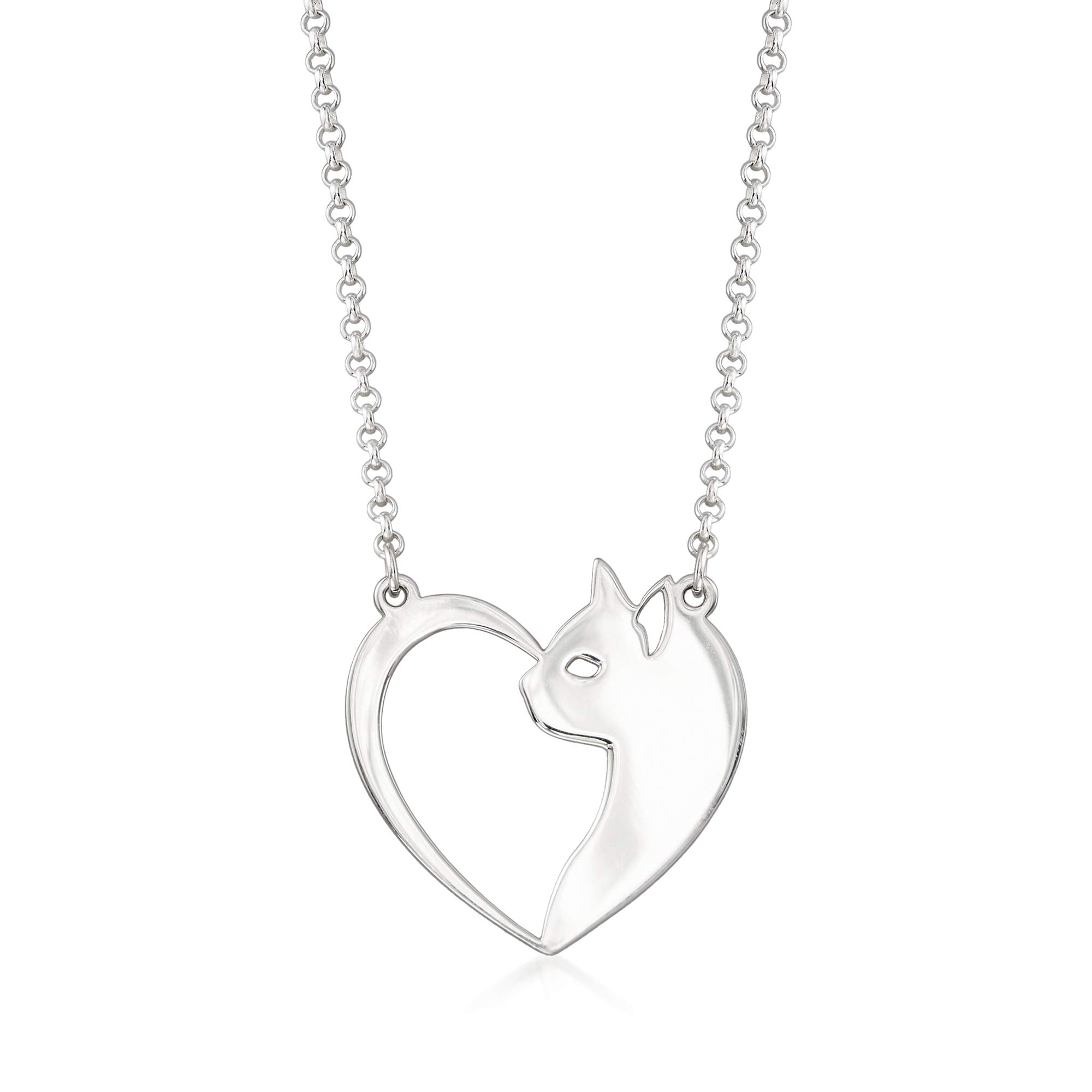 Ross-Simons Sterling Silver Cat and Heart Necklace. 18 inches