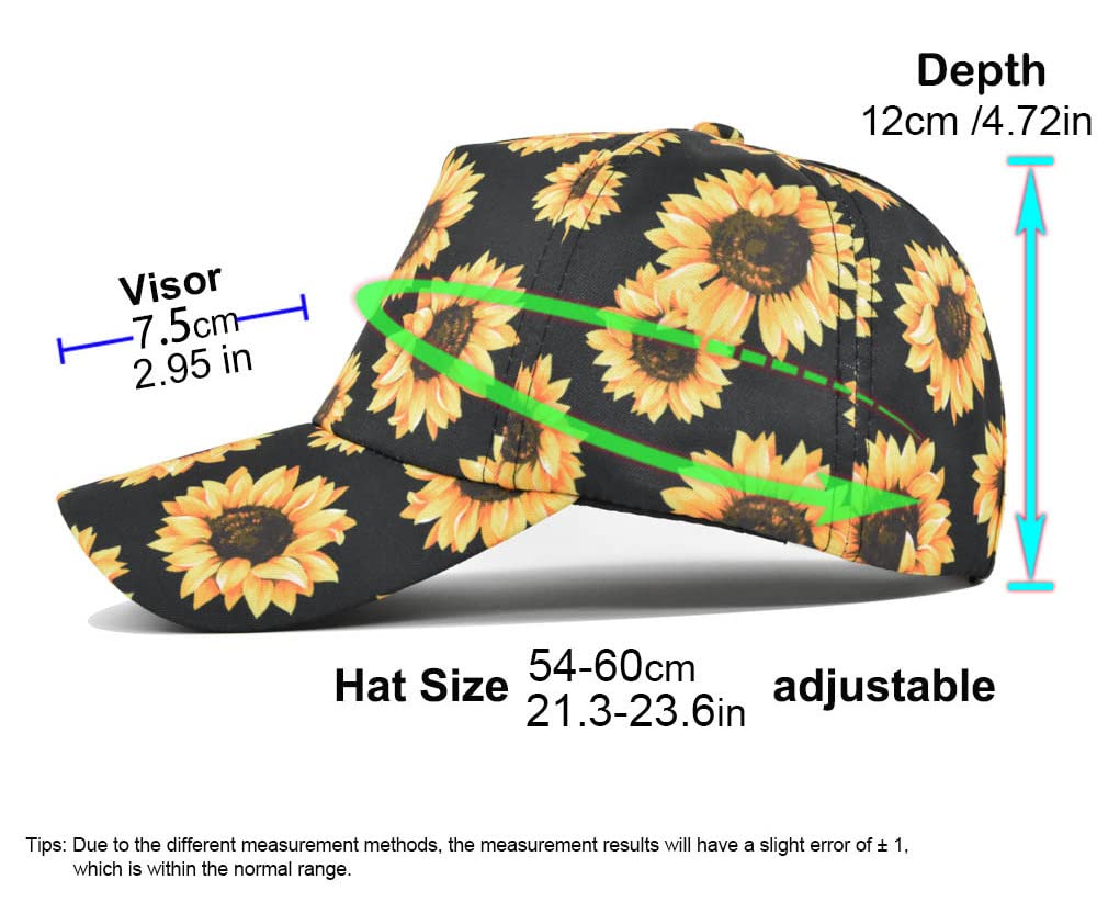 Womens Criss Cross Ponytail Hat Sunflower Hat Ponytail Bun Sun Hat for Women (Black)