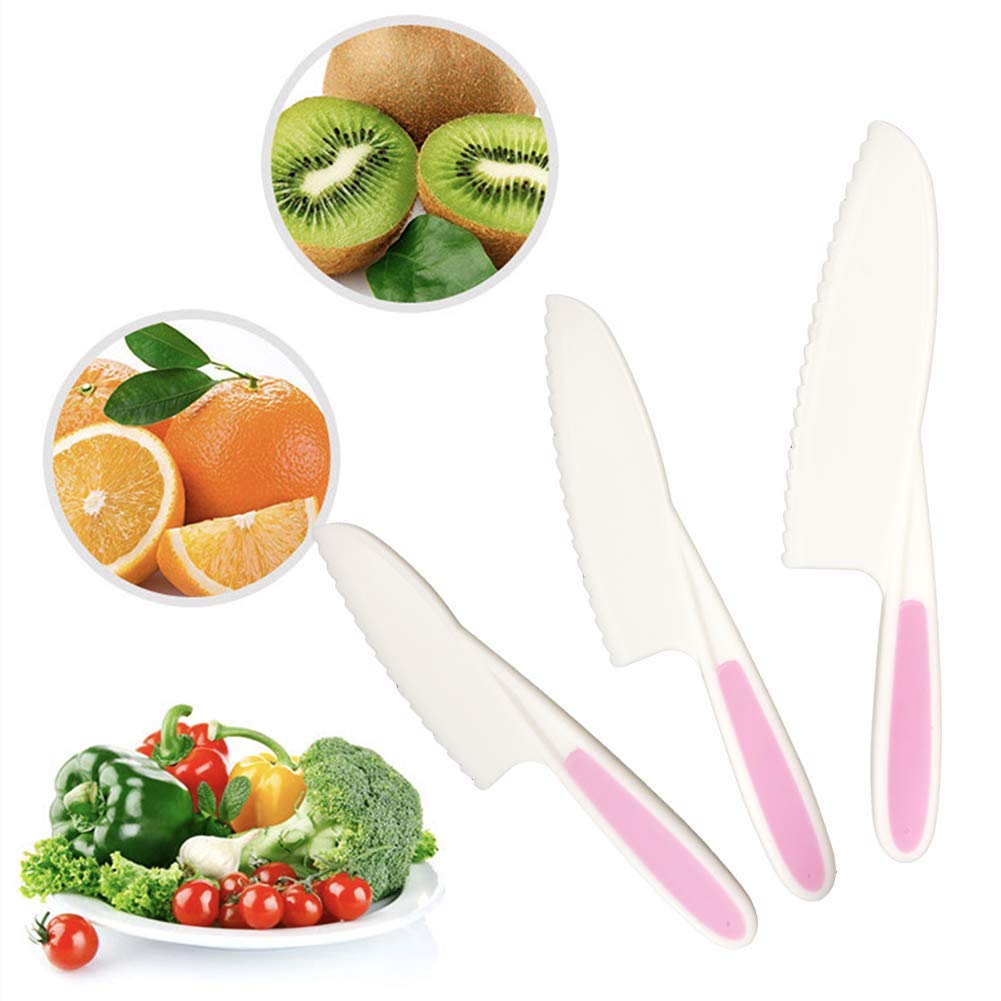 POCOMOCO Kids Kitchen Knife Set Children Safe Cooking Plastic Knives Set with Cut-resistant Gloves (Ages 6-12), Vegetables Cutters Perfect for Fruit, Bread, Cake, Lettuce, Salad