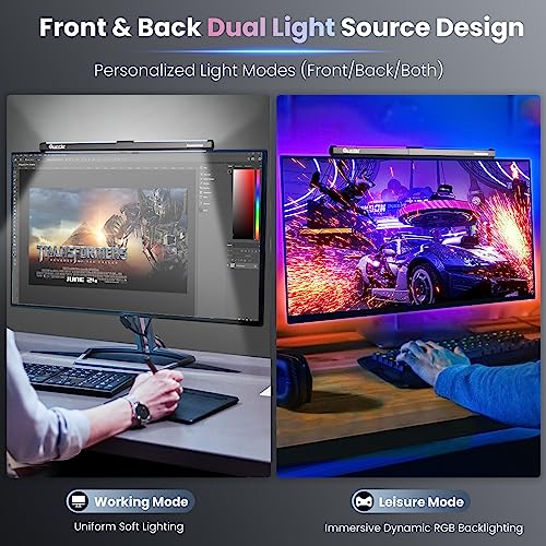 Quntis Monitor Light RGB Backlight, Eye-Care Dual Light Computer Light Bar Gaming Office Desk Lamp, 15 Modes Dimmable Backlight, 3 Color Temperature Adjustable Brightness, Ra95 Screen Light Bar