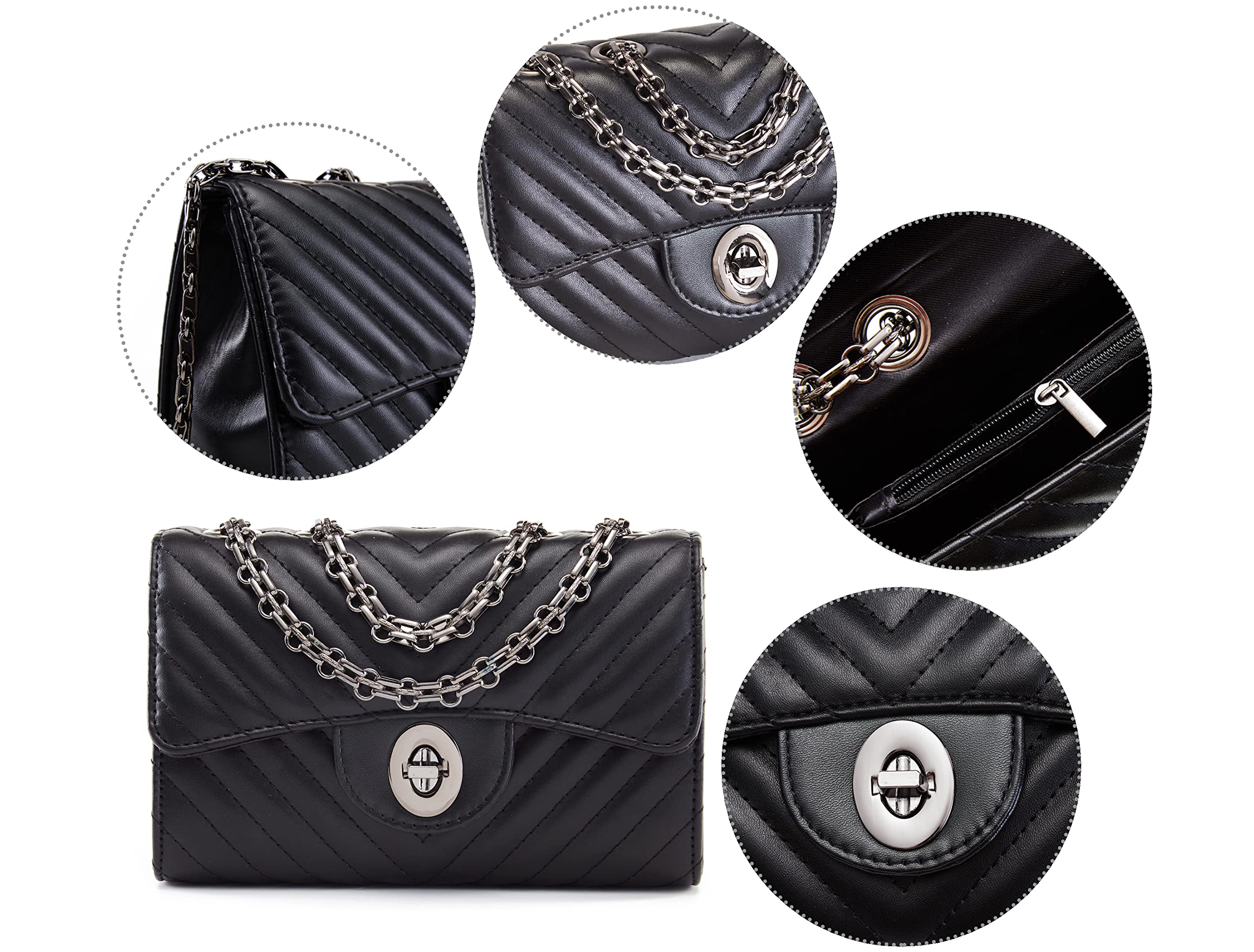 VenTooRr Quilted Shoulder Crossbody Bags for Women Mini Leather Evening Purses with Chain Strap Black Small