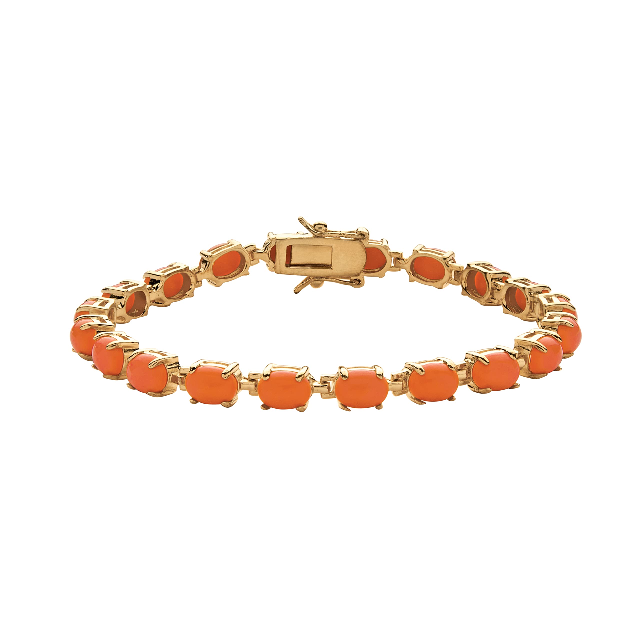 PalmBeach Yellow Gold-plated Oval Shaped Simulated Orange Coral, Tennis Bracelet (5mm), Hidden Box Clasp, 7.5 inches