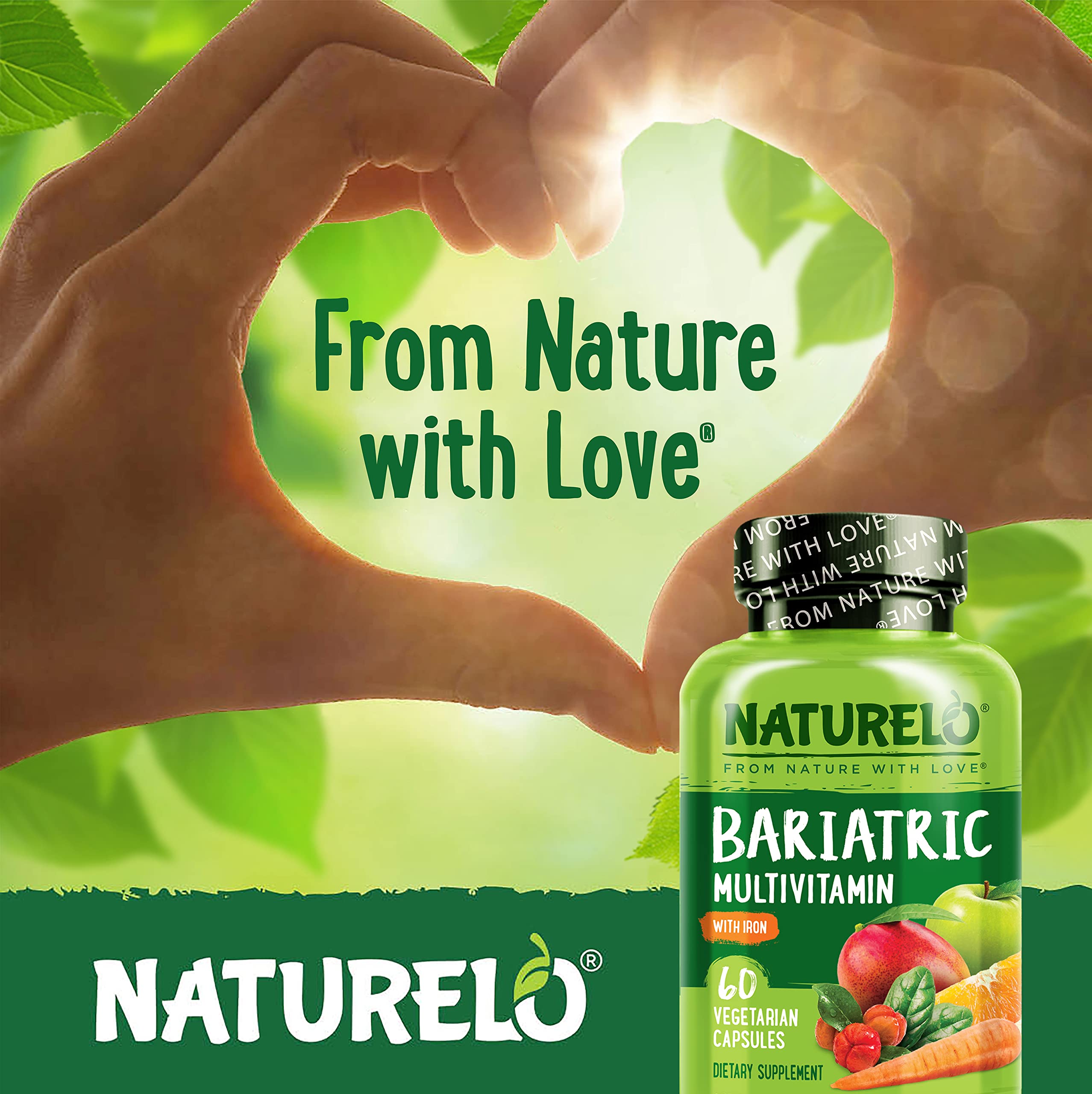 NATURELO Bariatric Multivitamin - One Daily with Iron - Supplement for Post Gastric Bypass Surgery Patients - Natural Whole Food Nutrition - 60 Veggie Capsules