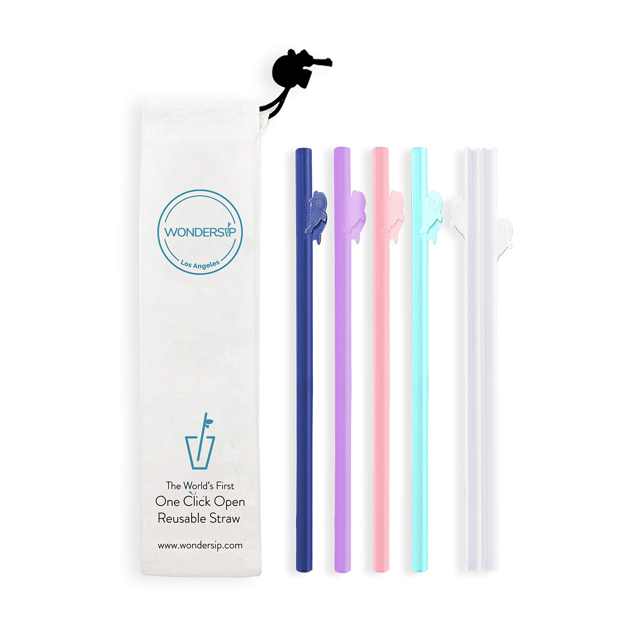 WonderSip One-Click Open Reusable Drinking Straw - One Piece Rigid Designed in California, Food Grade PP, Easy to Clean - Multi-Color 5PCs Pack (Dolphin Classic 8.5")