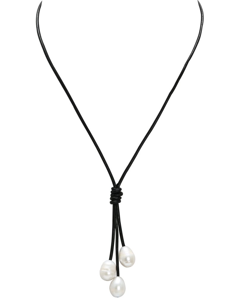 Pearlypearls 3 Freshwater Pearl Pendant Necklace on Black Leather Cord Jewelry for Women 18''
