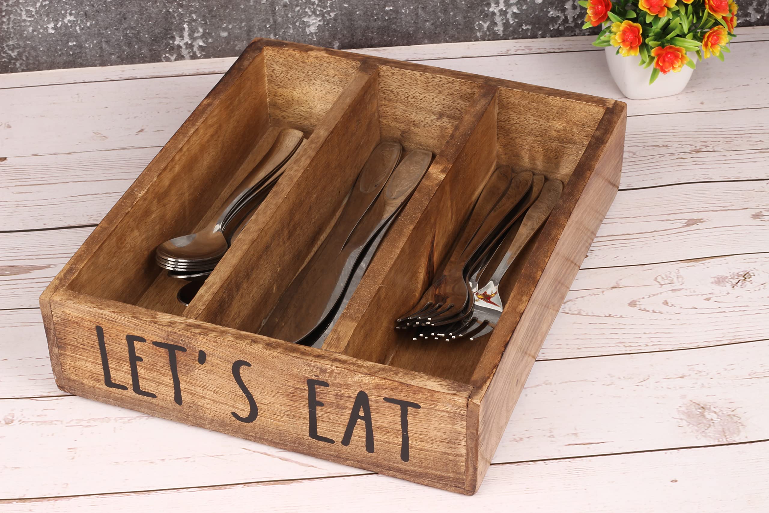 TrendBell Wooden Kitchen Drawer Organizer Fir Wood Cutlery Silverware Tray Organizer with 3 Compartments, Decorative Utensil Holder for Flatware, Knives, Forks, Spoons