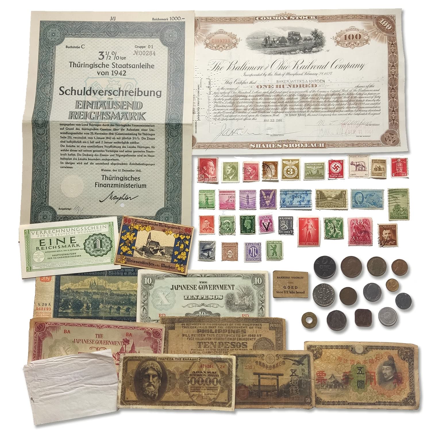 WW2 World Currency – 57 Original Allied & Axis Powers Banknotes, Coins, Stamps and Bonds + Album to Build Your Foreign Currency Collection - Coin Collection Supplies and Certificate of Authenticity