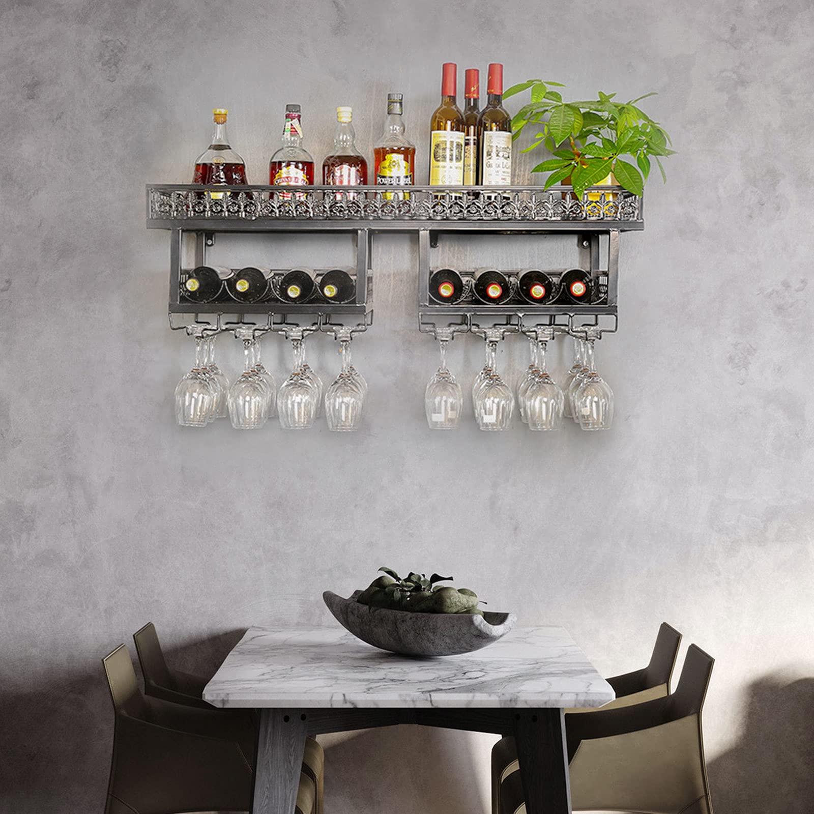 TFCFL Industrial Wall-Mounted Wine Rack,Wine Glasses Holder, Double Layer Wall Storage Shelves, Multi-Function Display Shelf for Bar Kitchen Restaurant (Wrought Iron)