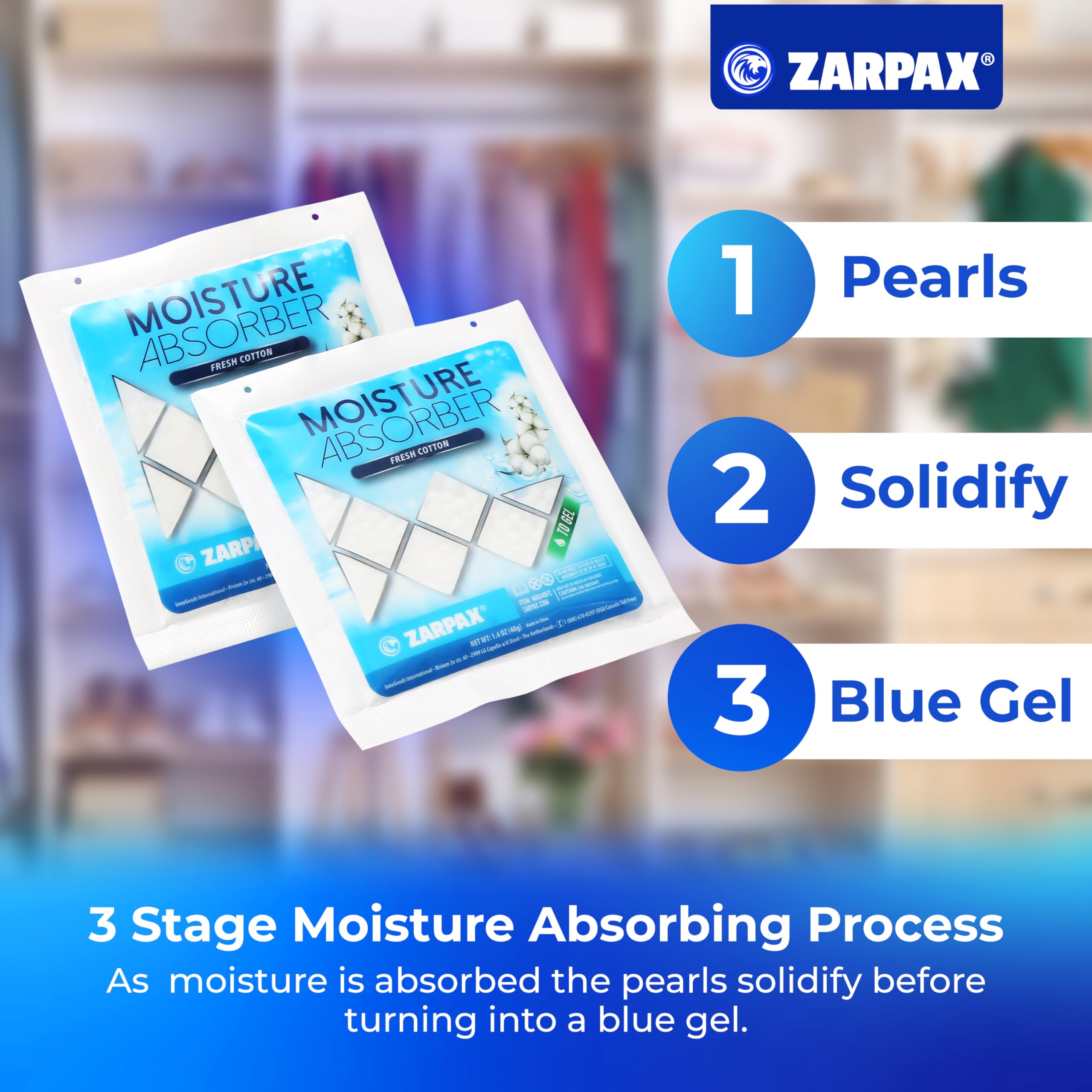 Zarpax Moisture Absorber Sachets Fresh Cotton 1.4 oz/40g - Remove Excess Moisture In Air & Odor - Desiccant Dehumidifier for Closet, Drawer, Safe, Storage - Dampness & Humidity Control - Set of 8