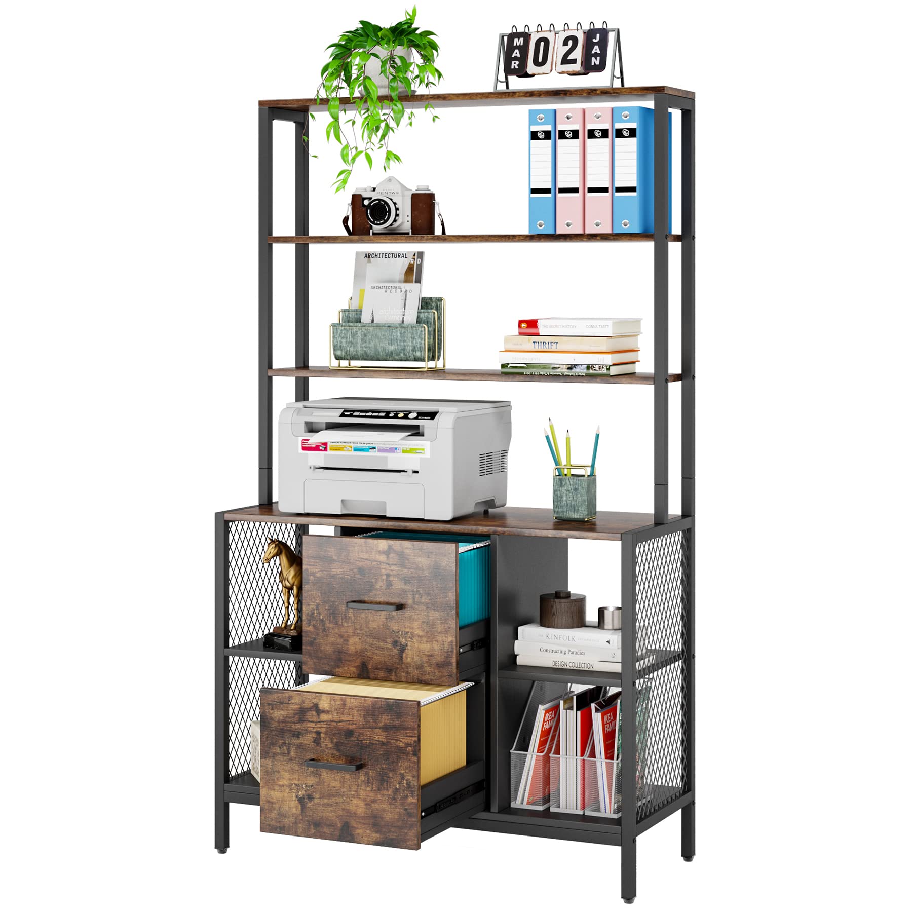 Tribesigns 2-Drawer File Cabinet for Letter Size, 6-Tier Vertical Filing Cabinet with Bookshelf Tall, Large Industrial Printer Stand with Open Storage Shelves for Home Office, Rustic Brown