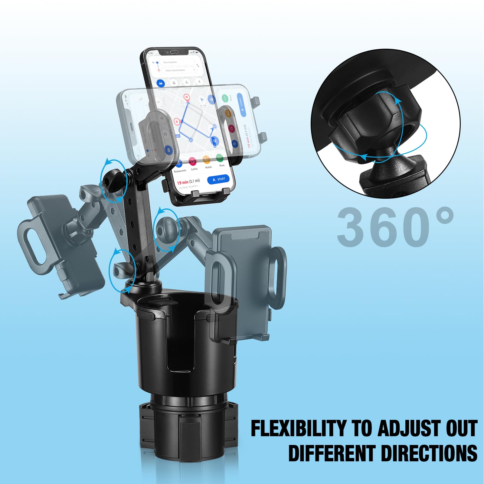 SCRWVESS Cup Holder Phone Mount, 2 in 1 Cup Holder Expander for Car Long Arm with 360°Rotation Cup Holder Cell Phone Holder for Car Compatible with All Smartphones