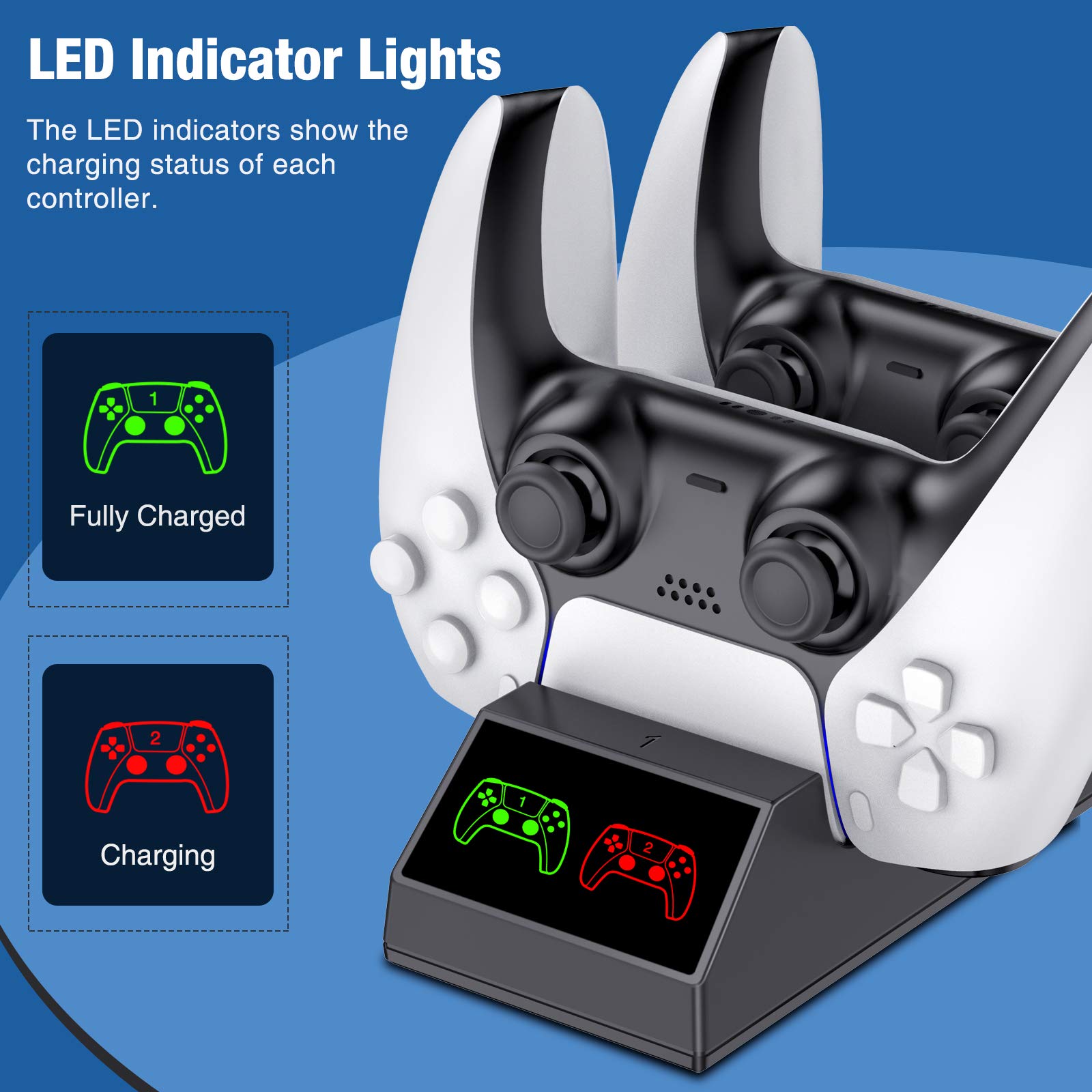 PS5 Controller Charger Station Compatible with Upgraded Playstation 5 Dualsense Controller, DinoFire USB Type-C Fast PS5 Controller Dual Charging Dock Station with 2 Type-C Connectors & LED Indicators