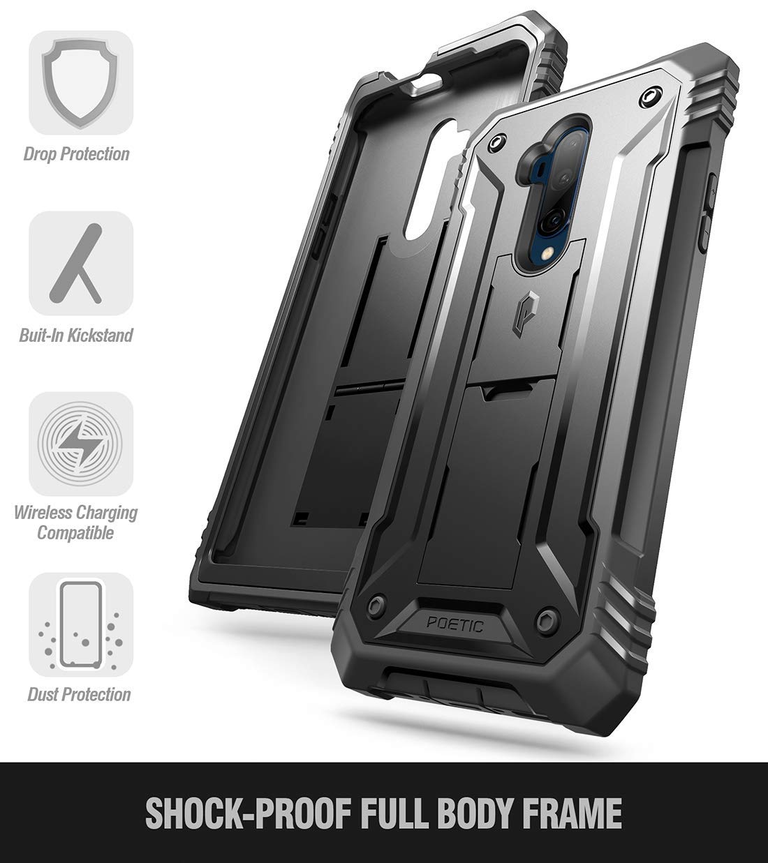 Poetic Revolution Case for OnePlus 7, [20FT Mil-Grade Drop Tested], Full-Body Rugged Dual-Layer Shockproof Protective Cover with Kickstand and Built-in-Screen Protector, Black