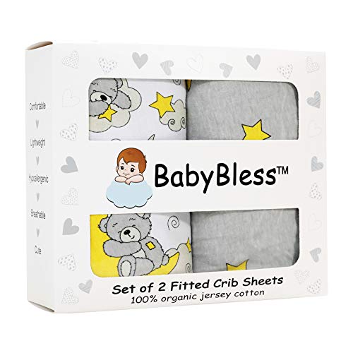 Organic Crib Sheets (2 Pack) - 100% Organic Jersey Cotton Fitted Crib Sheets for Standard Crib and Toddler Mattresses |Star and Bear Print | (Grey, Yellow, White)
