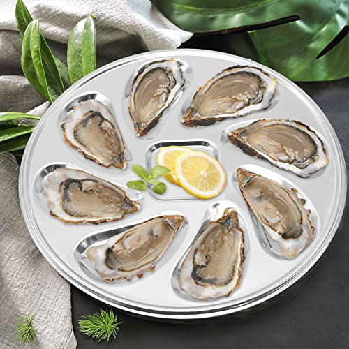 UOIENRT 3 Pack Oyster Plate, Stainless Steel 8 Slots Oyster Grill Pan with Center Slot Multi-Functional Grill Pan for Oysters and Scallop, Sauce and Lemon(Silver)
