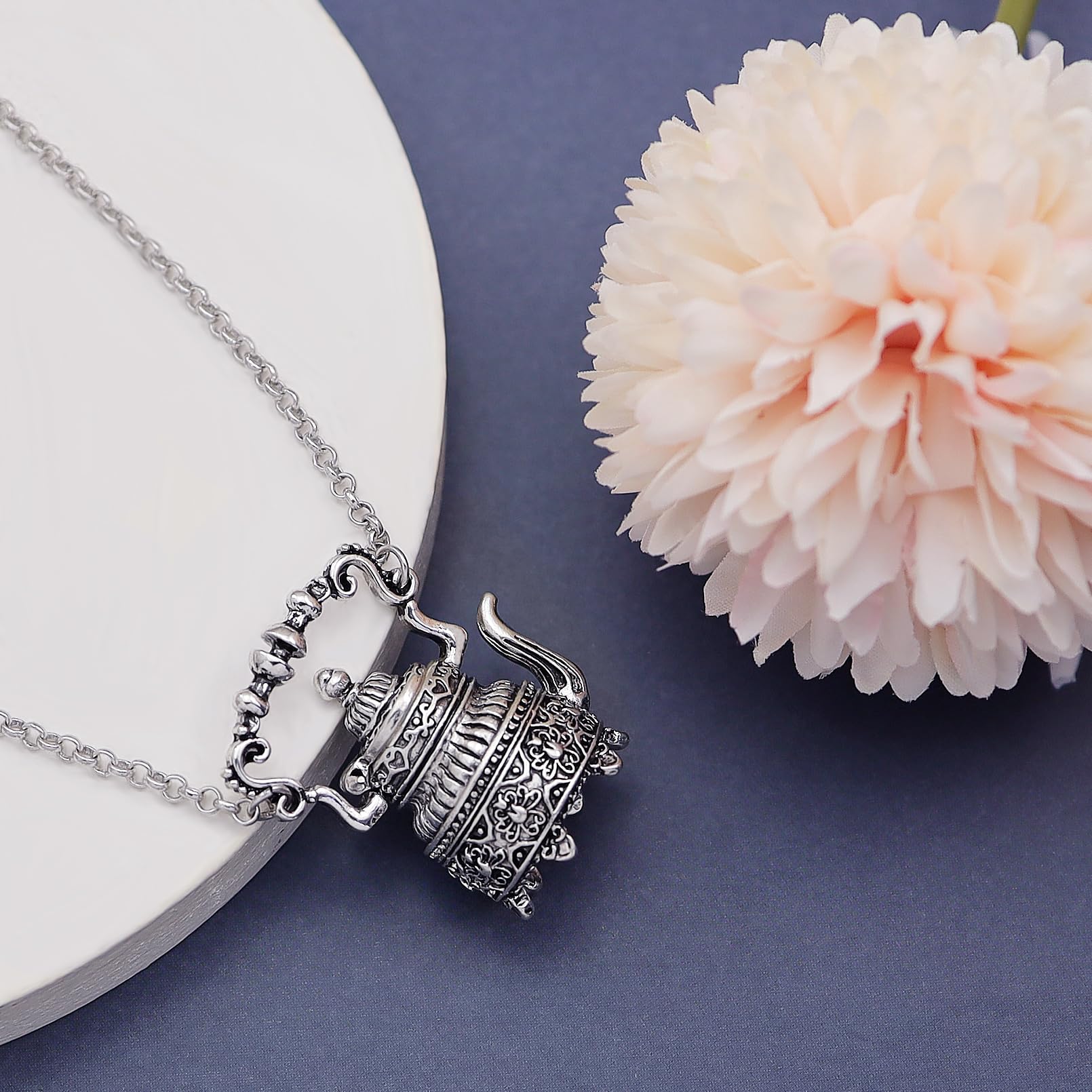 RechicGu Vintage Silver Victorian Alice Cameo 3D Tea Pot Cup Pendant Charm Sweater Necklace for Women Gift Steampunk Goth Jewelry Wonderland…