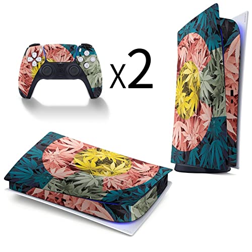 Weed Leaves Colorado Flag Full Protective Skin Cover Design Wrap Decal Sticker Compatible with PS5 Digital Edition Console and Controller