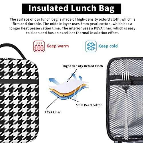 TGUBJGV Black and White Houndstooth Unisex Lunch Bag Tote Meal Bag Reusable Insulated Portable Lunch Box Handbags