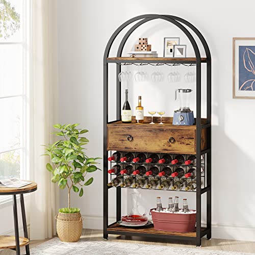 Tribesigns Wine Rack Cabinet Tall Freestanding Floor Liquor Cabinet with Glasses Holder and 1 Drawer, Industrial 21-Bottle Metal and Wood Wine Rack Table for Home Bar, Kitchen, Dining, Rustic Brown